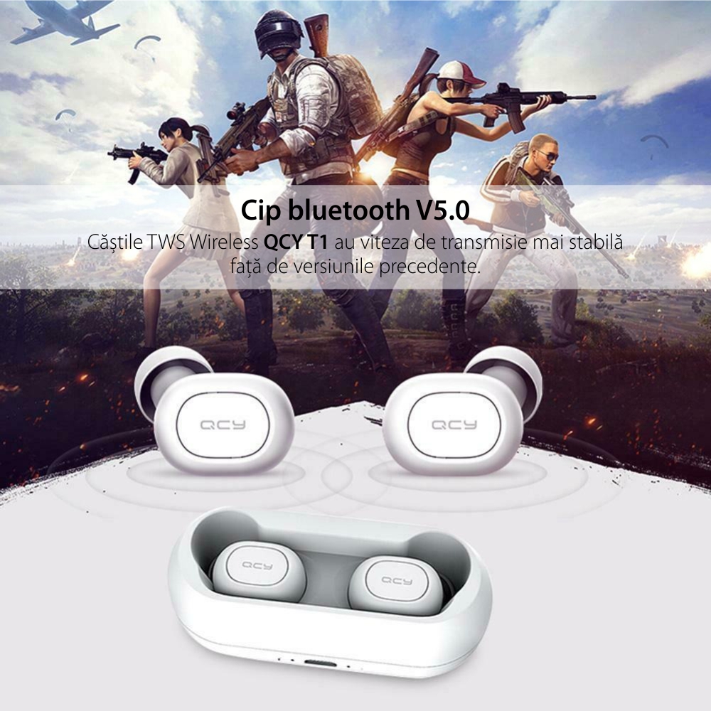 Casti in-Ear QCY T1 TWS, Alb, Wireless, Bluetooth 5.0, Baterie 380 mAh - eMAG.ro