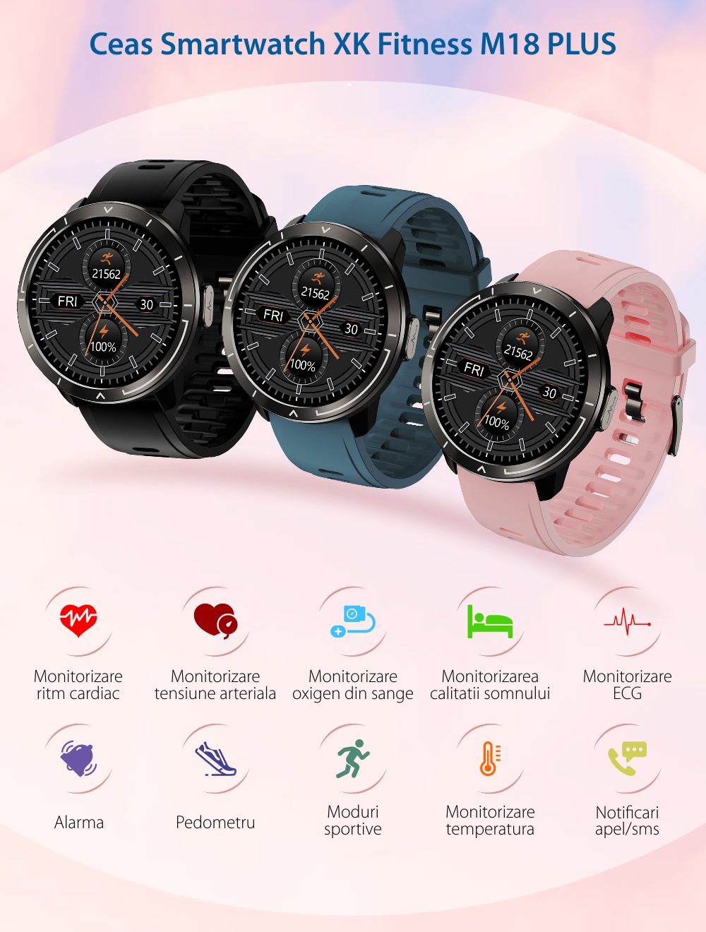 Ceas Smartwatch XK Fitness M18 Plus cu Display 1.3 inch OLED, Puls, ECG ...